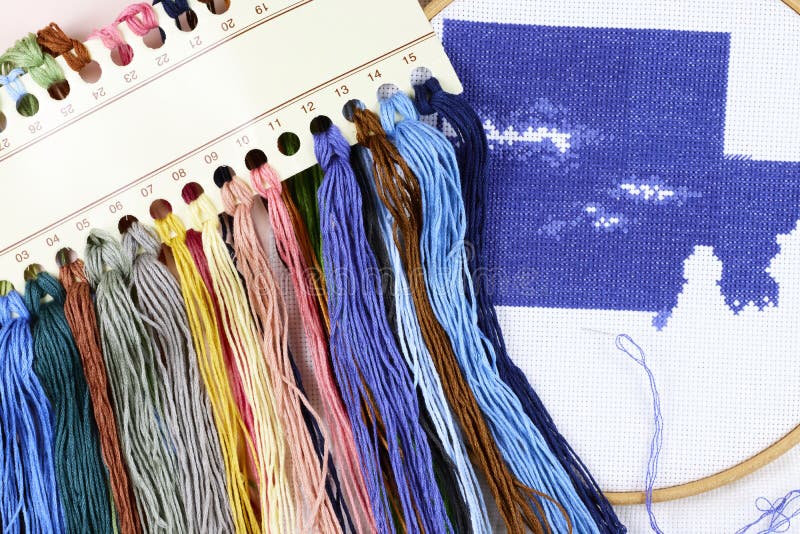 Cross Stitch Process. Threads, Needle, Hoop Stock Photo - Image of ...