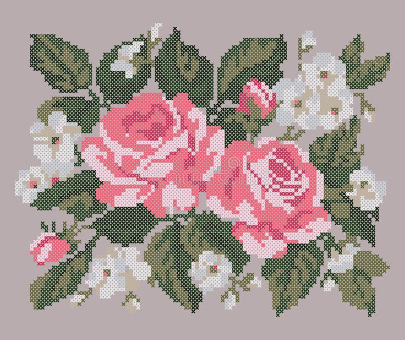 Cross Stitch Rose Flowers, Floral Embroidery Pattern Stock Image ...
