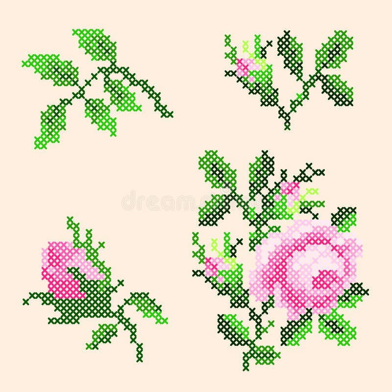 Cross Stitch Roses Elements Stock Vector - Illustration of hand, detail ...