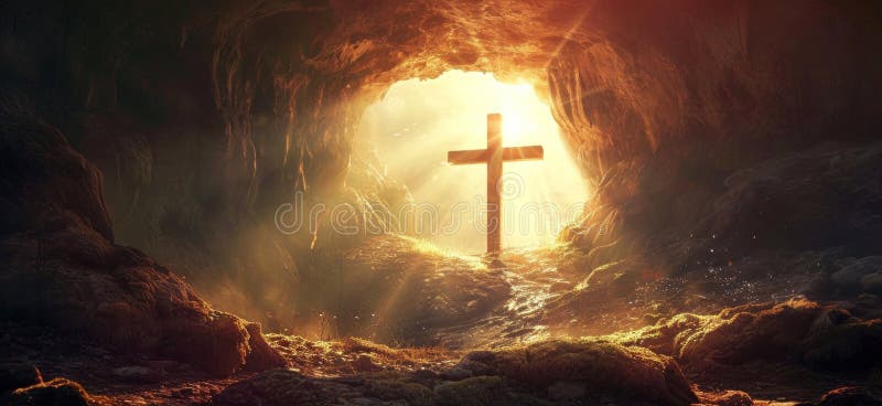 A Cross and Sun Rise Outside a Cave Stock Illustration - Illustration ...