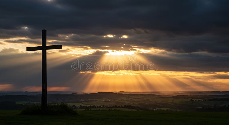 Cross with Sunlight Rays at Dusk, Generative Ai Stock Illustration ...