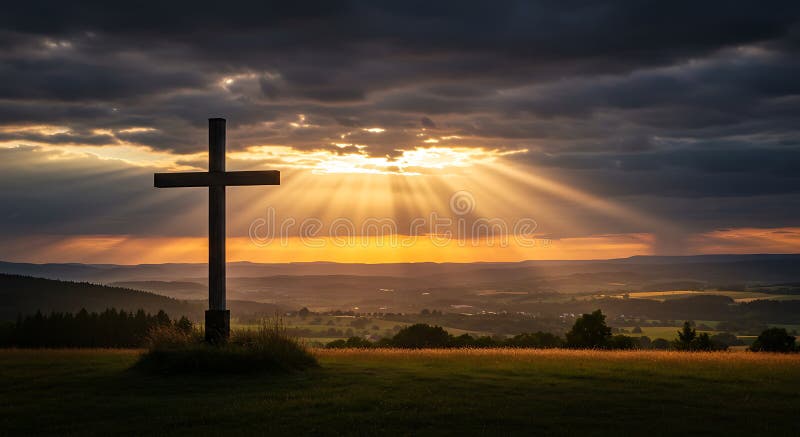 Cross with Sunlight Rays at Dusk, Generative Ai Stock Illustration ...