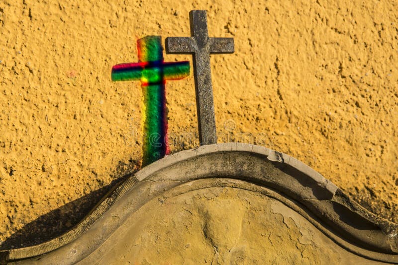Cross on a Tombstone at a Yellow Wall with Shadow Stock Image - Image ...