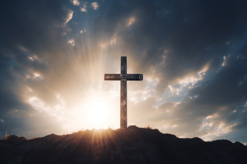 Cross on the Top of a Hill with Dramatic Sky and Sun Rays Stock ...