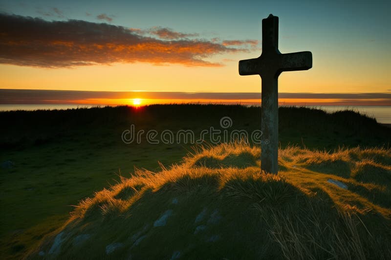 Cross on the Top of a Hill at Sunset Generative AI Stock Illustration ...