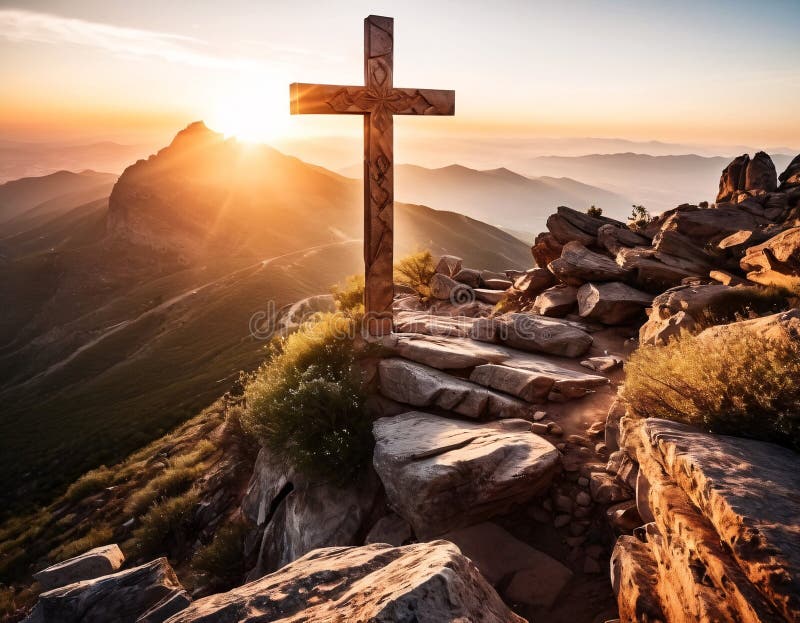 Cross on the Top of the Mountain. AI Generated. Stock Image - Image of ...