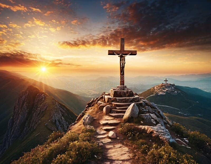 Cross on the Top of the Mountain. AI Generated. Stock Image - Image of ...