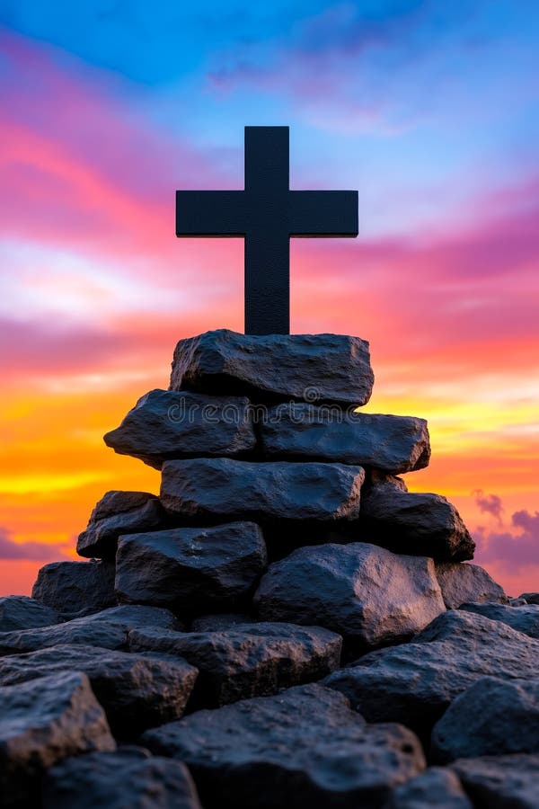 A Cross on Top of a Pile of Rocks at Sunset Stock Image - Image of ...