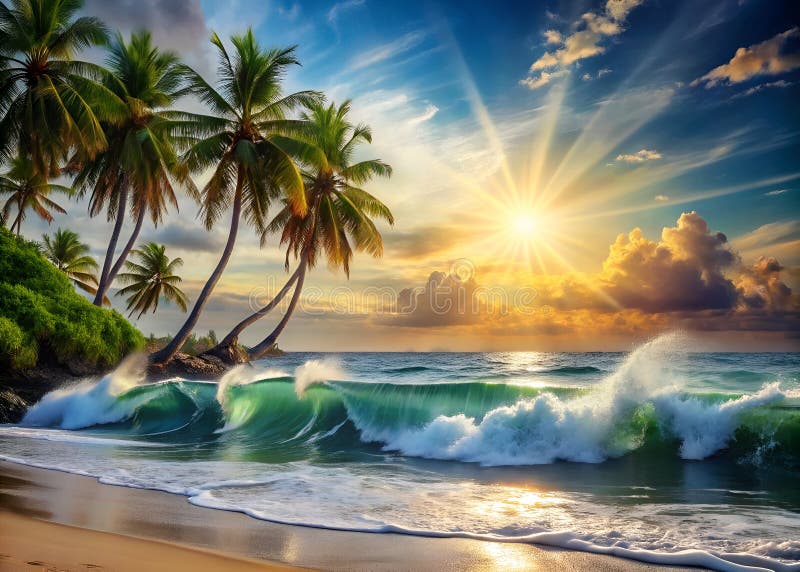 Cross Wave Sun Equipment Ocean Trees Stock Illustration - Illustration ...