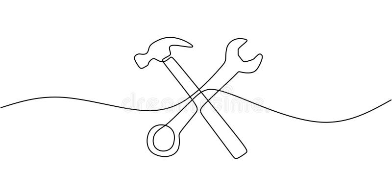 Crossed Hammer and Wrench Continuous Line Drawing for Engineering and ...