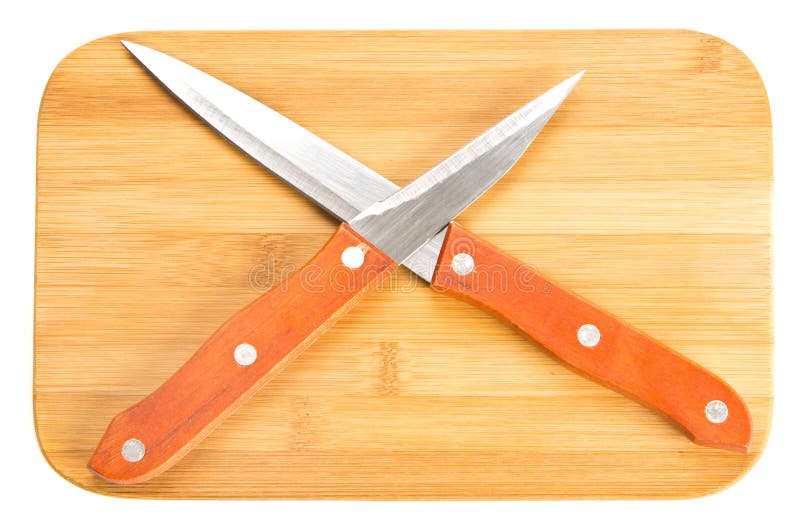 Crossed Kitchen Knives on Chopping Board Stock Image - Image of ...
