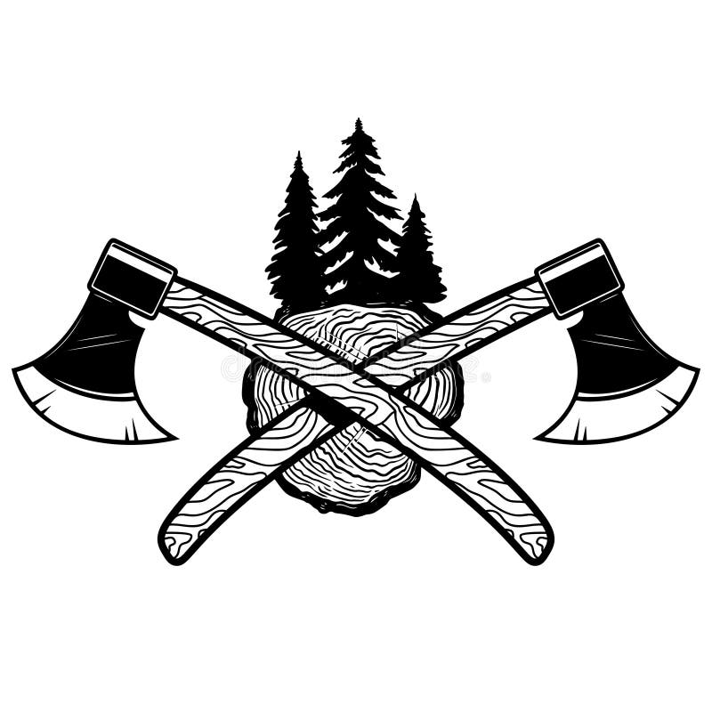 Crossed Lumberjack Axes with Wood Cut. Design Element for Logo, Emblem ... Crossed Lumberjack Axes with Wood Cut. Design Element for Logo, Emblem ...