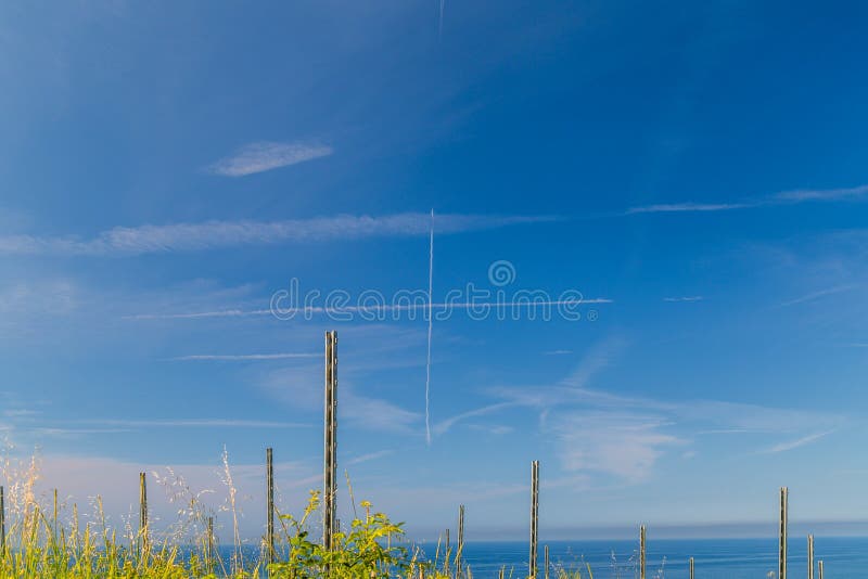 Crossed plane trails stock photo. Image of steel, plane - 120257312