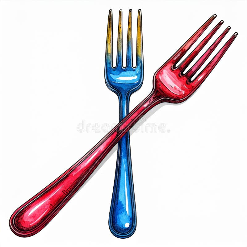 Crossed Red and Blue Forks with Gold Accents Stock Illustration ...