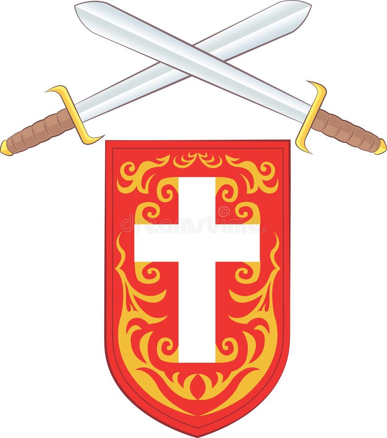 Cross on Shield with Swords Stock Illustration - Illustration of ...