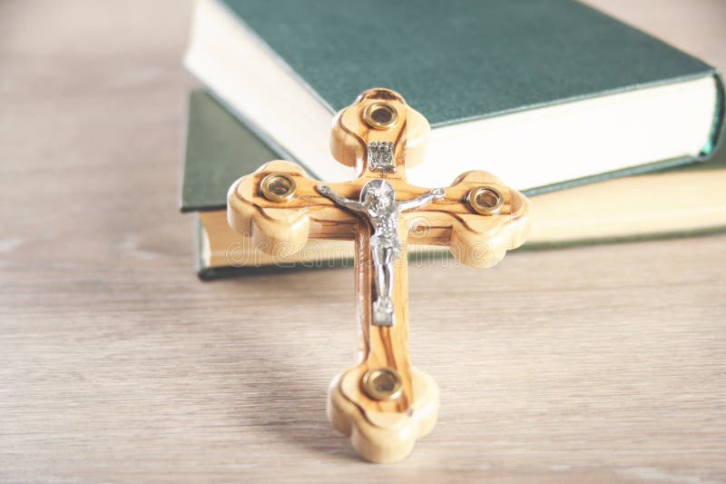 Crosses and Book on a Wooden Table Stock Photo - Image of religious ...