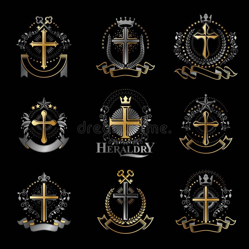Crosses Religious Emblems Set. Heraldic Coat of Arms, Vintage Vector ...