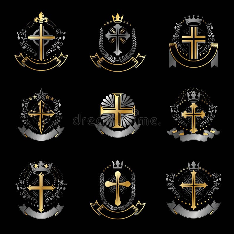 Crosses Religious Emblems Set. Heraldic Coat of Arms, Vintage Vector ...