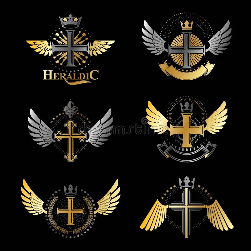 Crosses Religious Emblems Set. Heraldic Coat of Arms, Vintage Vector ...
