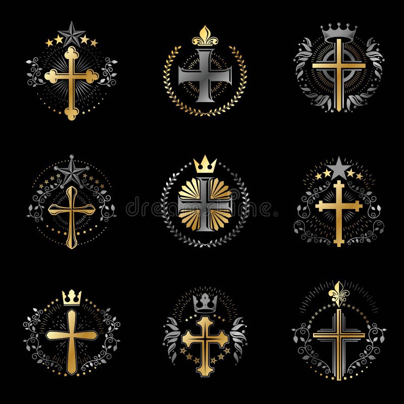 Crosses Religious Emblems Set. Heraldic Coat of Arms, Vintage Vector ...