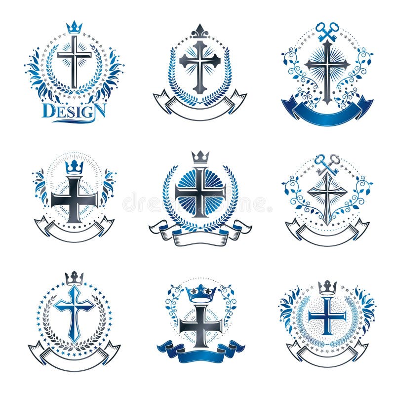 Crosses Religious Emblems Set. Heraldic Coat of Arms, Vintage Vector ...