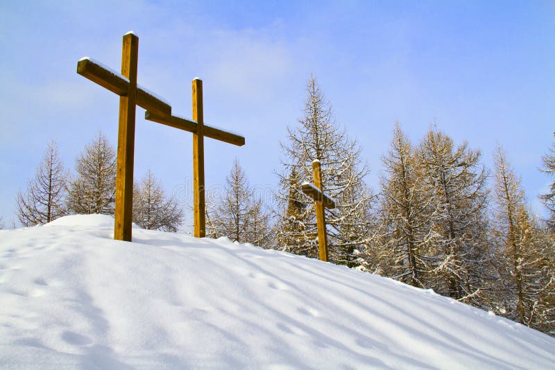 Crosses the snow stock photo. Image of hill, conifer - 12464712