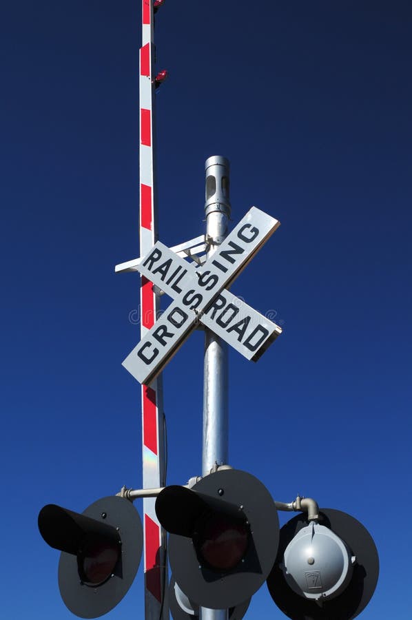 Railroad crossing sign stock image. Image of route, lights - 44596617