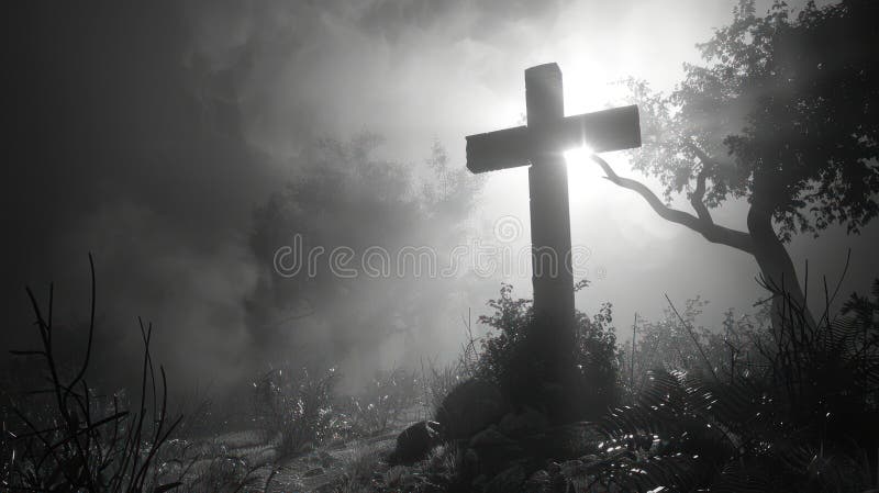 Crossing the Misty Path: 3D Render of a Black and White Cross in the ...