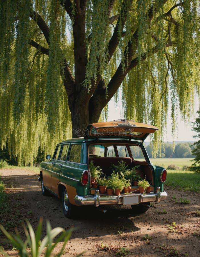 Crossover Vehicle with Frunk and Trunk Open, Showcasing Plants Under a ...