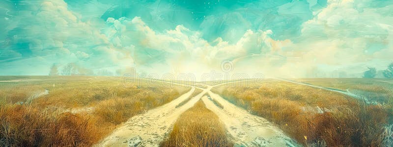 Crossroads in Golden Field Under Cloudy Sky Stock Image - Image of ...