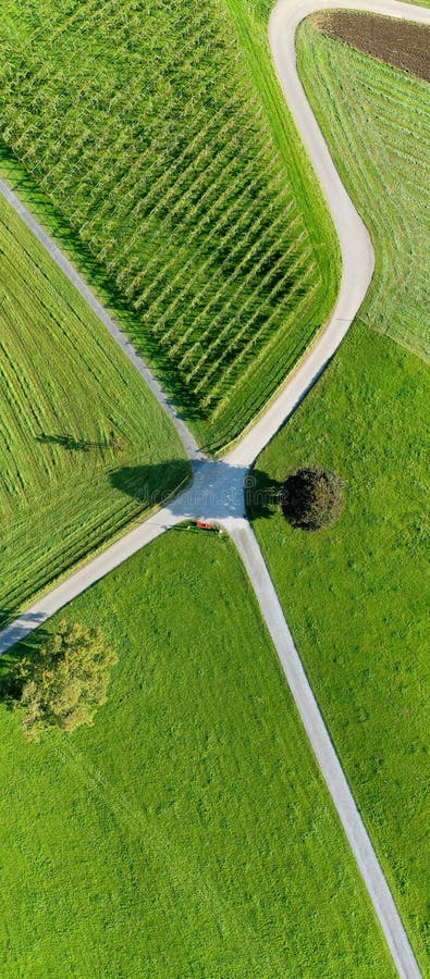 At the Crossroads, Panorama. Road, Field, Tree. Aerial View Stock Image ...