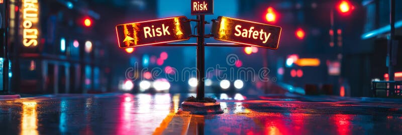 A Crossroads with Signs Pointing Toward Risk and Safety. Stock Image ...
