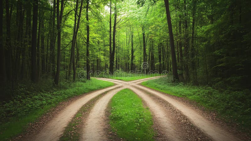 Crossroads Splitting in a Green Lush Forest Creating a Choice of Path ...