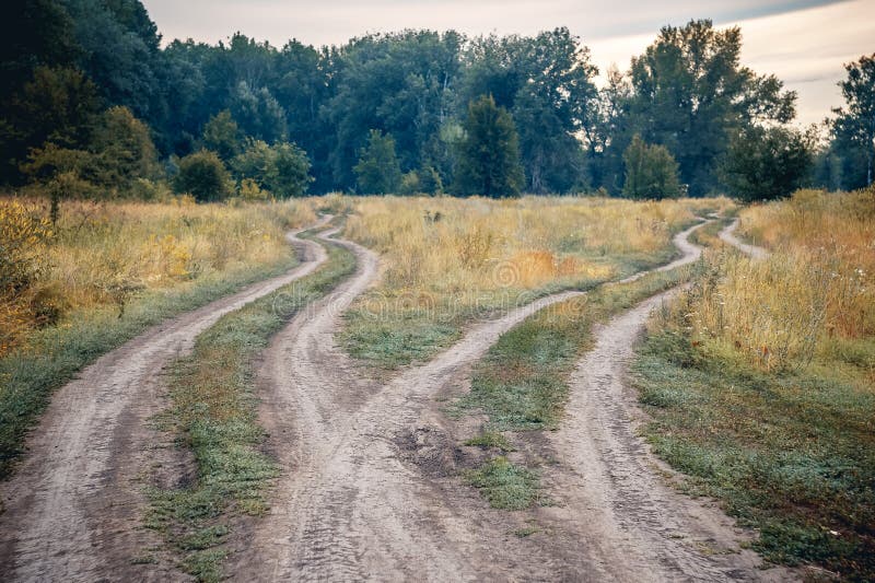 Crossroads in the Field at Sunset. Split Country Road. Beautiful Clouds ...