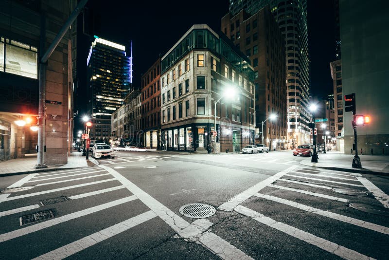 Crosswalks and Intersection at Night, in Boston, Massachusetts ...