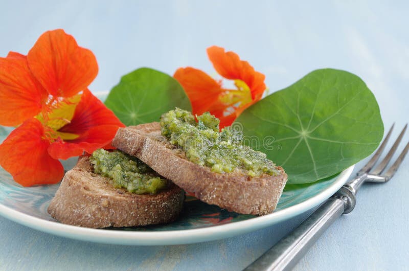Crostini with Indian Cress Pesto Stock Image - Image of loaf, homemade ...