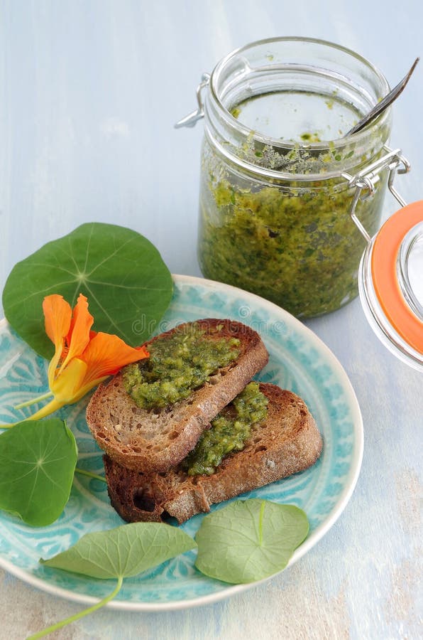 Crostini with Indian Cress Pesto Stock Image - Image of nasturtium ...