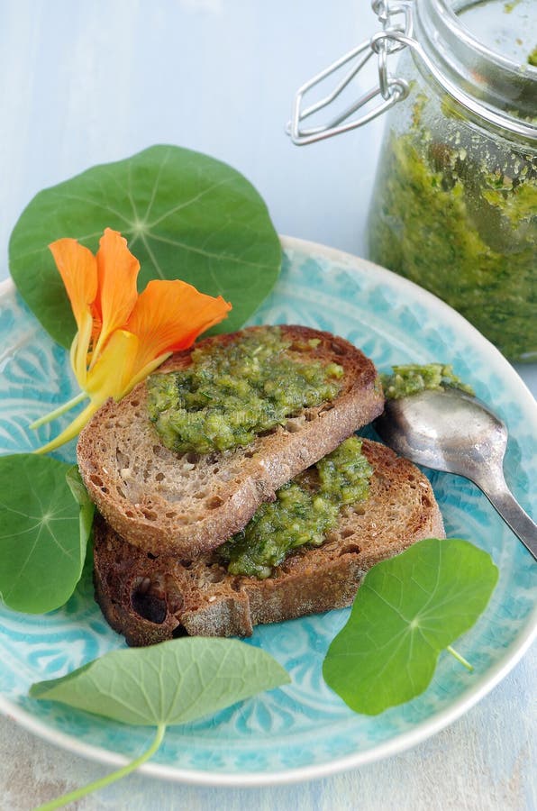 Crostini with Indian Cress Pesto Stock Image - Image of dish, noodles ...