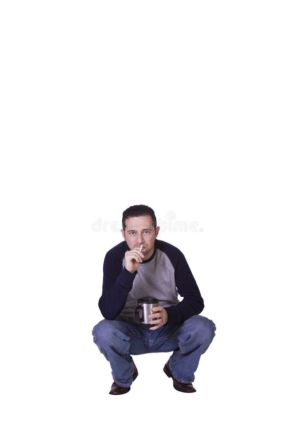 Crouched Man Smoking and Drinking Coffee Stock Image - Image of stand ...