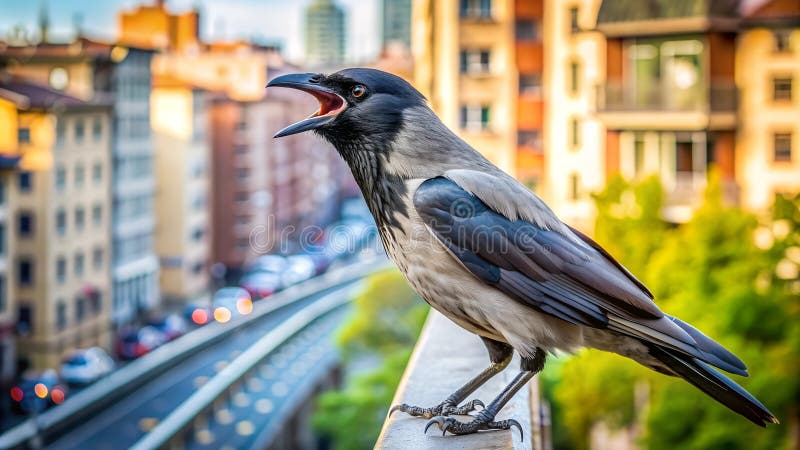 Crow bird screams city stock illustration. Illustration of silhouette ...