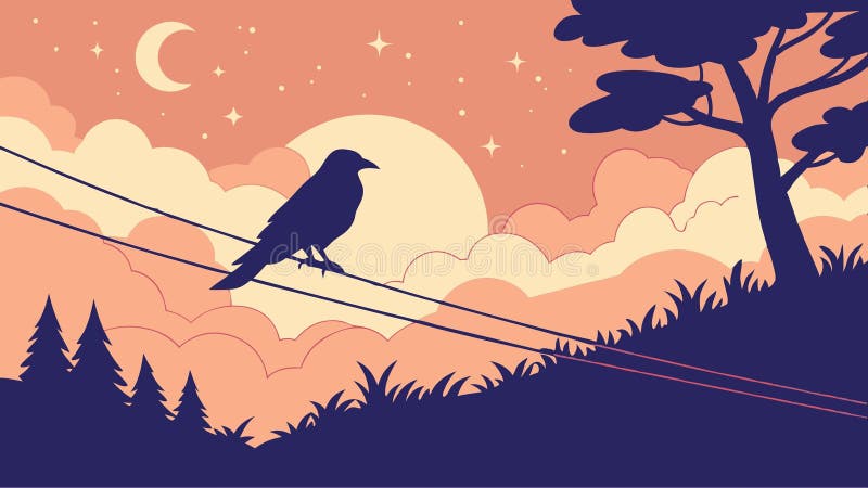 Crow on Branch at Sunset, Nature and Twilight Silhouette Scene Vector ...