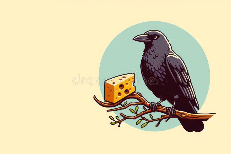 A Crow with Cheese Sitting on a Branch. Space for Text. Stock ...