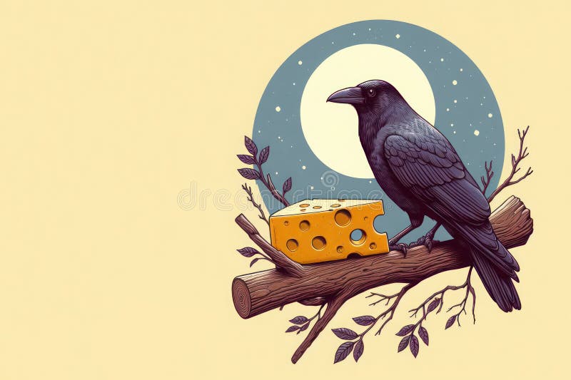 A Crow with Cheese Sitting on a Branch. Space for Text. Stock ...