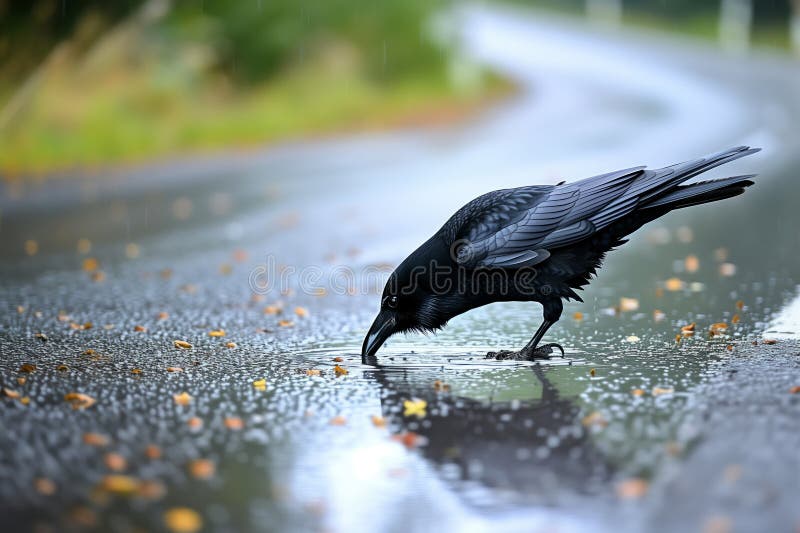 Crow Dipping Its Beak into a Roadside Rain Puddle Stock Photo - Image ...