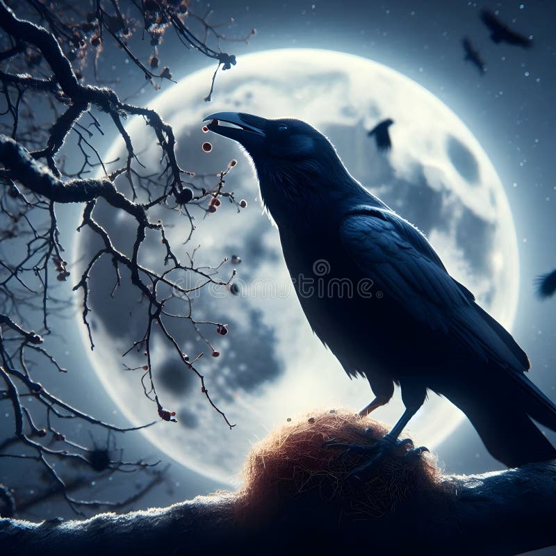 Crow eating at night stock illustration. Illustration of blue - 327591419
