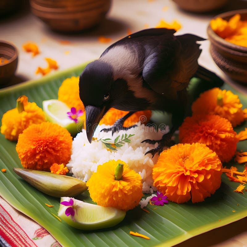 A Crow Eats Rice Offerings during the Pitru Paksha Ritual, Representing ...