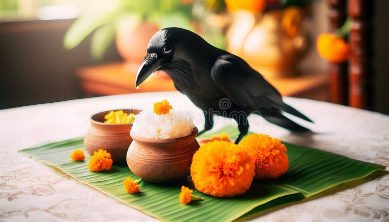 A Crow Eats Rice Offerings during the Pitru Paksha Ritual, Representing ...