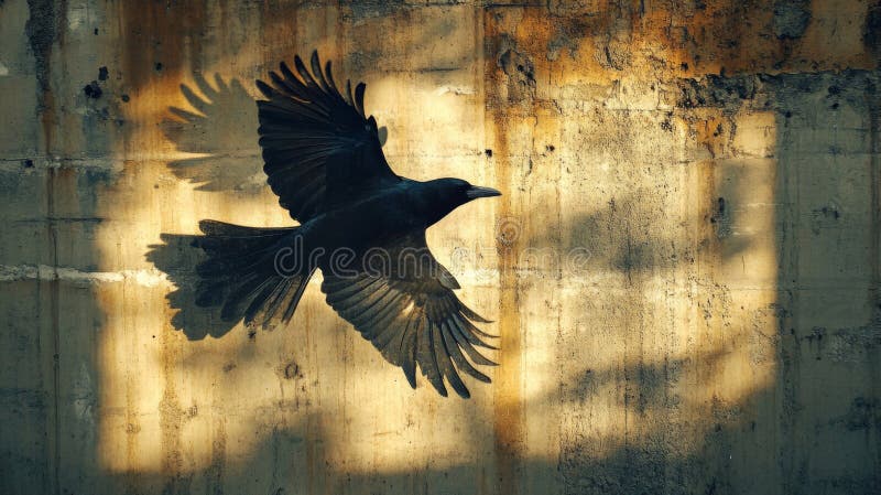 Crow in Flight Against a Weathered Wall Stock Illustration ...