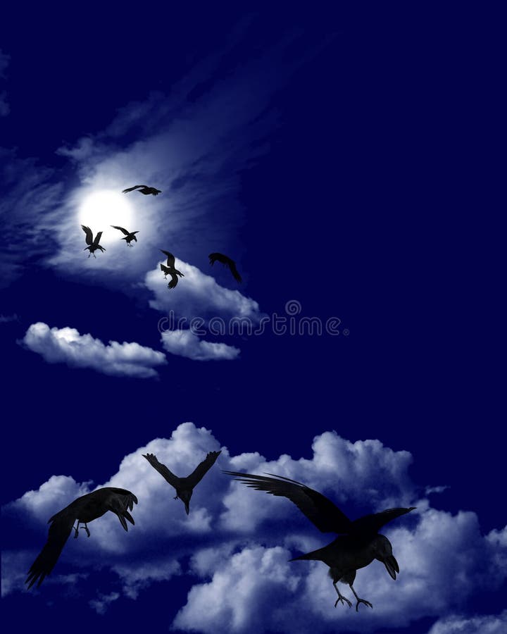 Crow Flock in Moonlit Skyscape Stock Illustration - Illustration of ...
