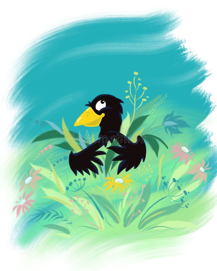 Crow with Flowers in the Meadow Stock Photo - Illustration of smiling ...